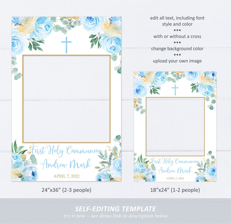 Blue Floral First Holy Communion Photo Booth Frame (EDITABLE Template ...