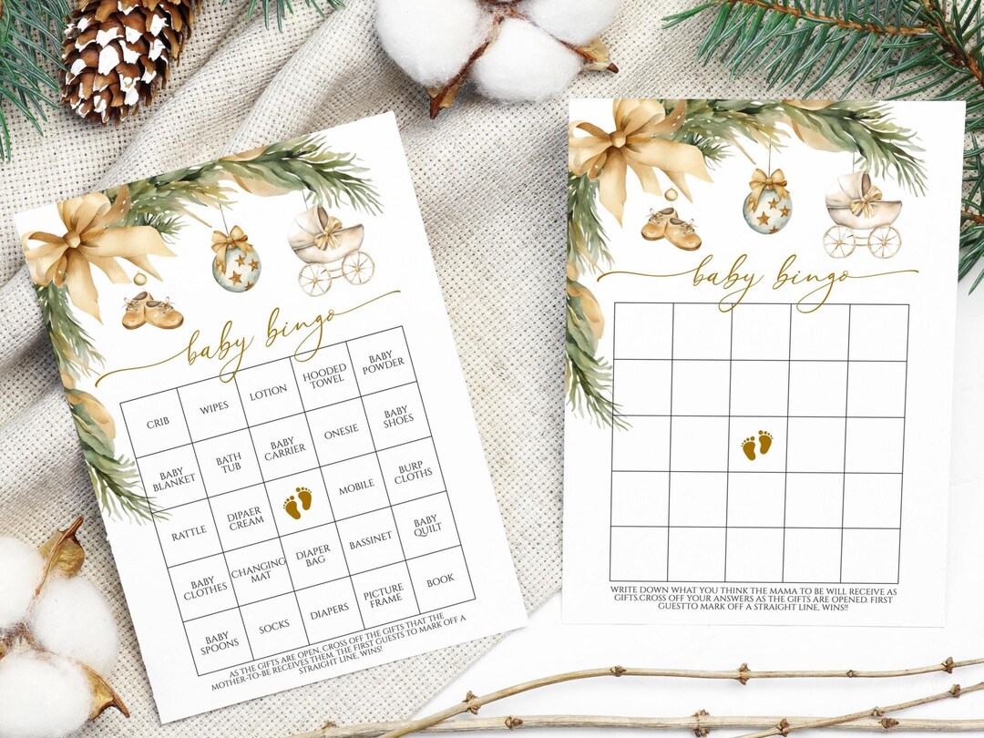 Winter Baby Shower Bingo Game: Pine Bow, Gold Ornaments (printable) - Etsy