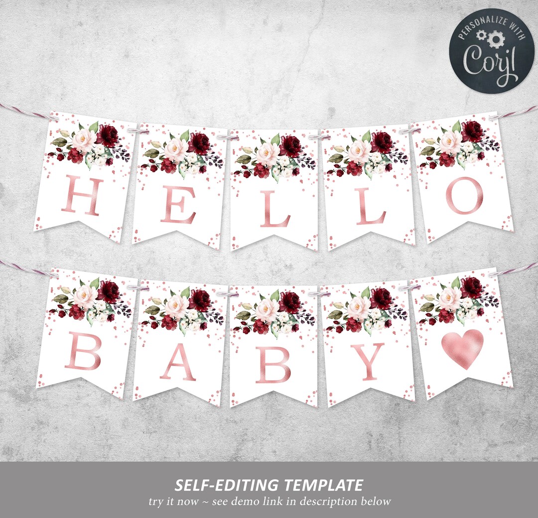 Marsala & Rose Gold Alphabet Banner Template, EDITABLE, Printable Baby ...