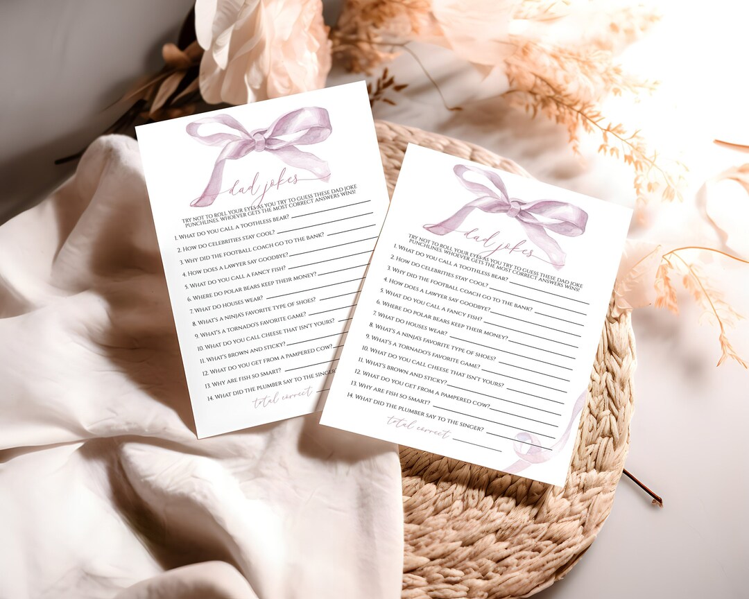 Pink Bow Dad Jokes Baby Shower Game, Blush Pink Funny Jokes and Riddles ...