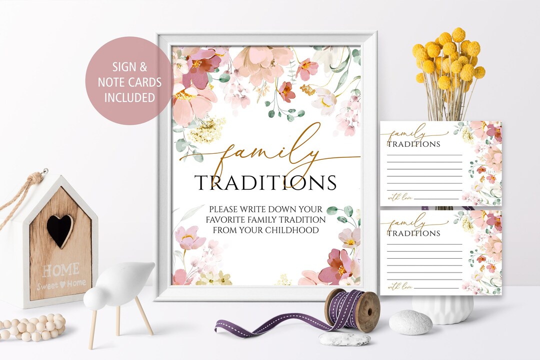 Family Traditions Sign and Note Cards, Editabel Wildflower Share Your ...