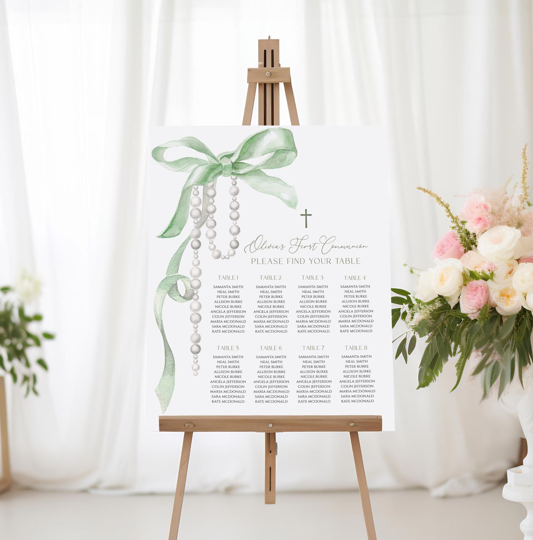 Boho Sage Green First Communion Seating Chart: Editable Ribbon Bow (DIY ...