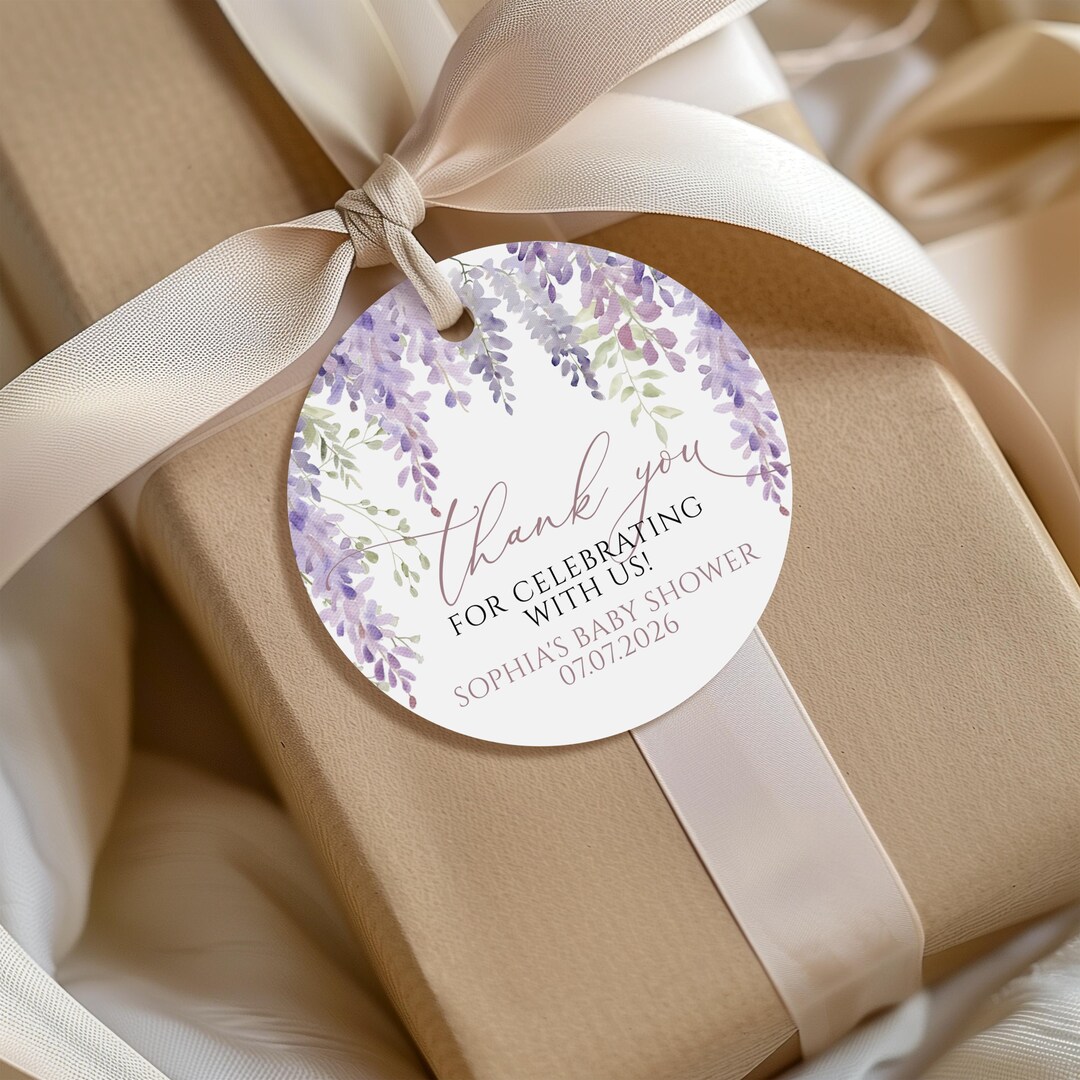 Purple Wisteria Favor Tag EDITABLE Round Thank You Stickers Template ...