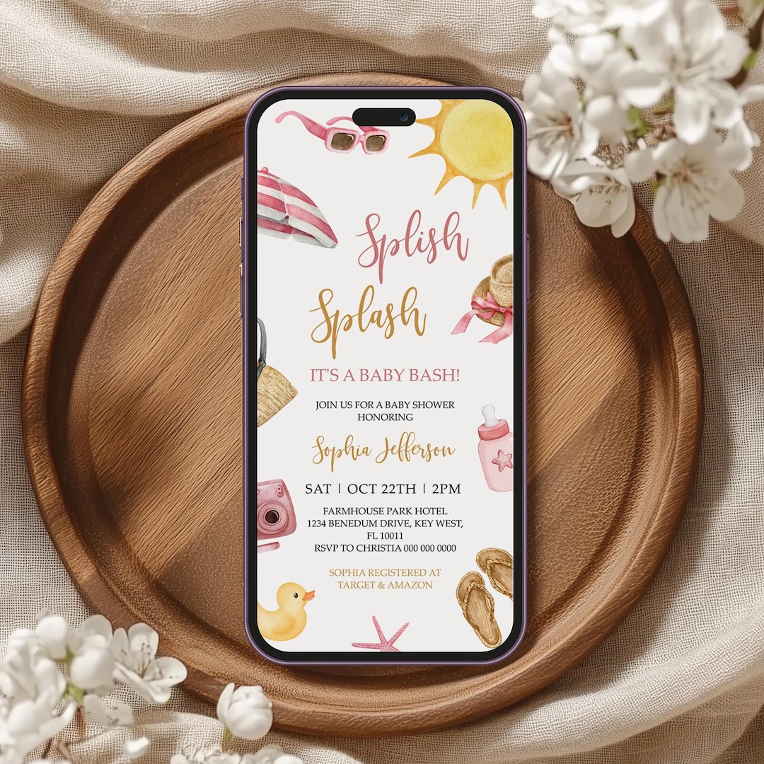Splish Splash Baby Shower Invitation: Pink Beach Girl Theme (digital ...