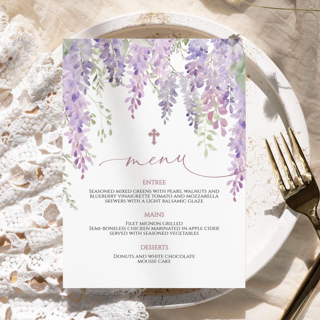 Purple Wisteria Baptism Menu | EDITABLE Printable Boho Lavender Flowers ...