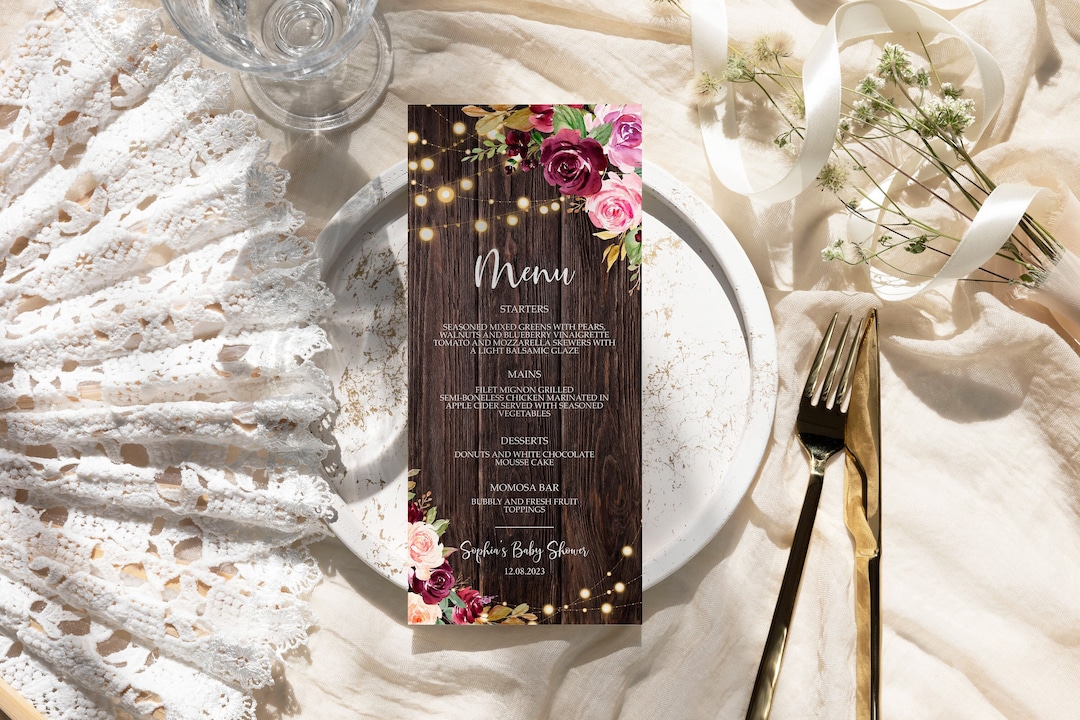 Rustic Floral Menu, EDITABLE Template, Printable Rose Barn Wedding Menu ...