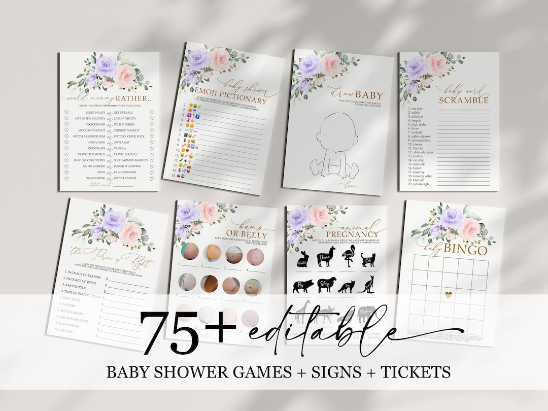 Floral Baby Shower Games Bundle: Pink & Violet, Editable (digital ...