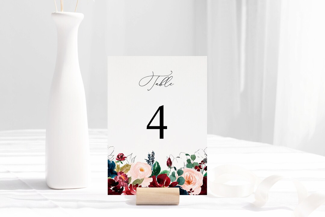 Burgundy & Blush Wedding Table Numbers, EDITABLE Template, Printable ...