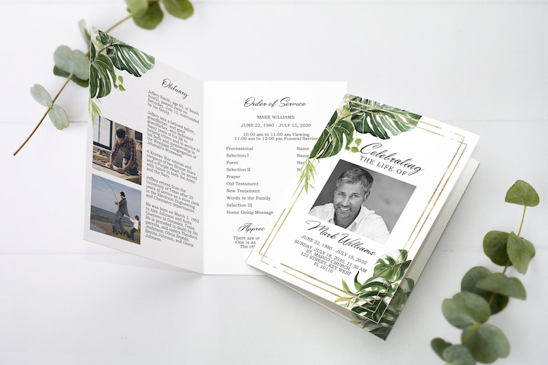 Tropical Funeral Program Template: Greenery Memorial Card (instant ...