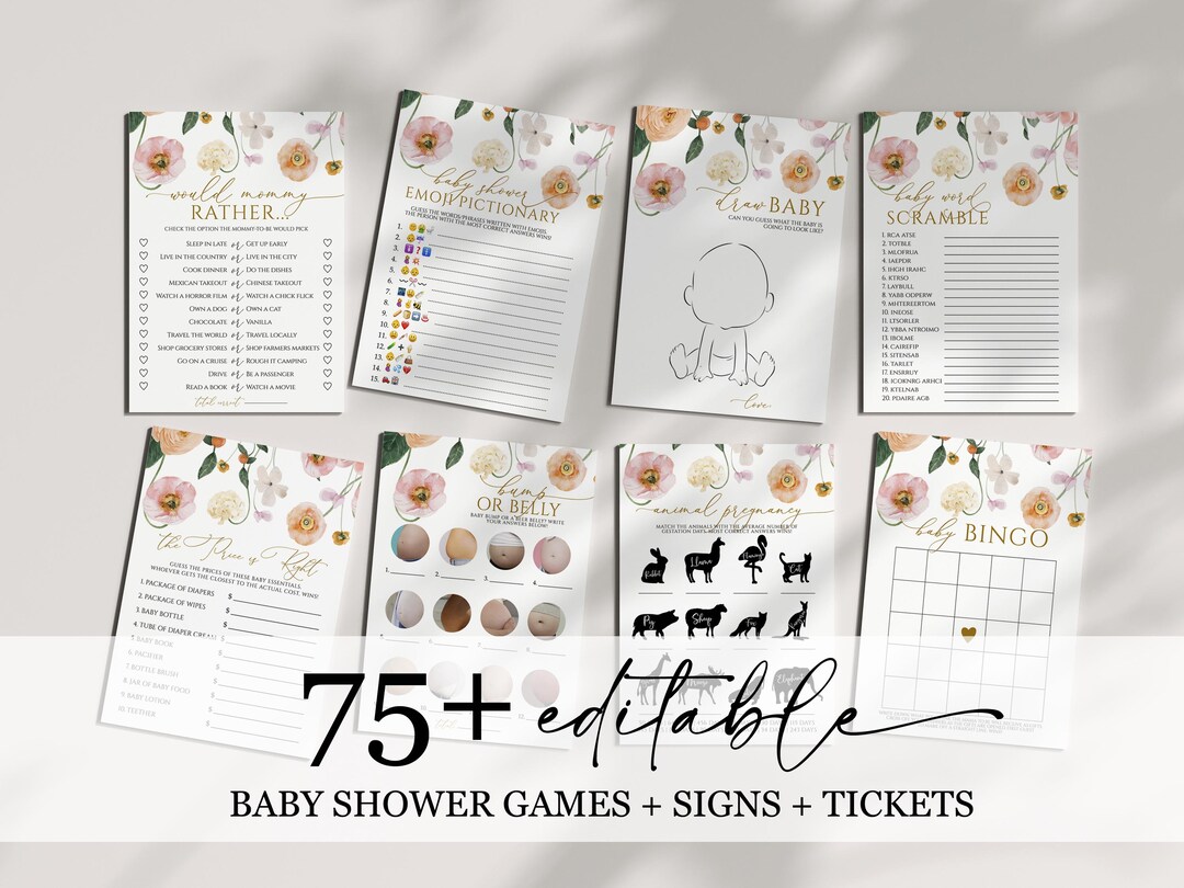 Peach & Blush Flowers Baby Shower Games | EDITABLE Custom Baby Shower ...