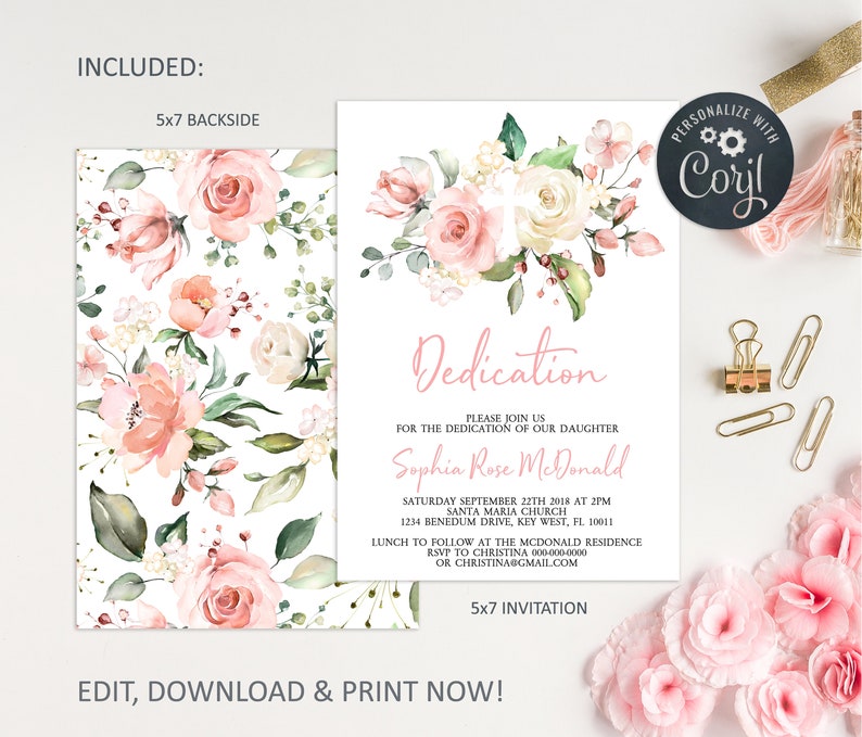 EDITABLE Dedication Invitation Template Blush Pink Floral - Etsy
