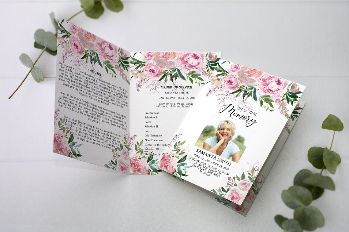 Pink Rose Funeral Program Template: Editable Memorial Card (download ...