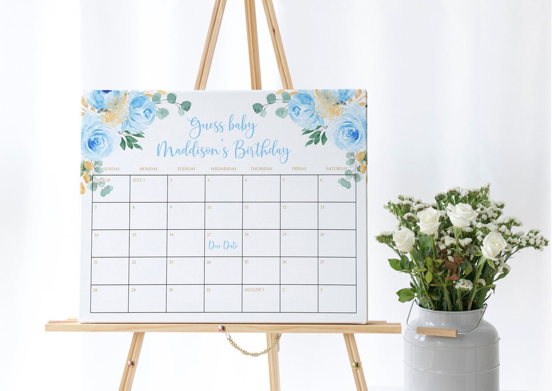 Blue Floral Baby Due Date Prediction Calendar, EDITABLE Template ...