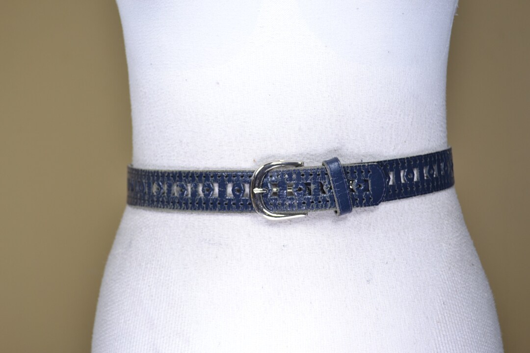 Navy Blue Leather Belt for Women With Silver Buckle, Laser Cut ...