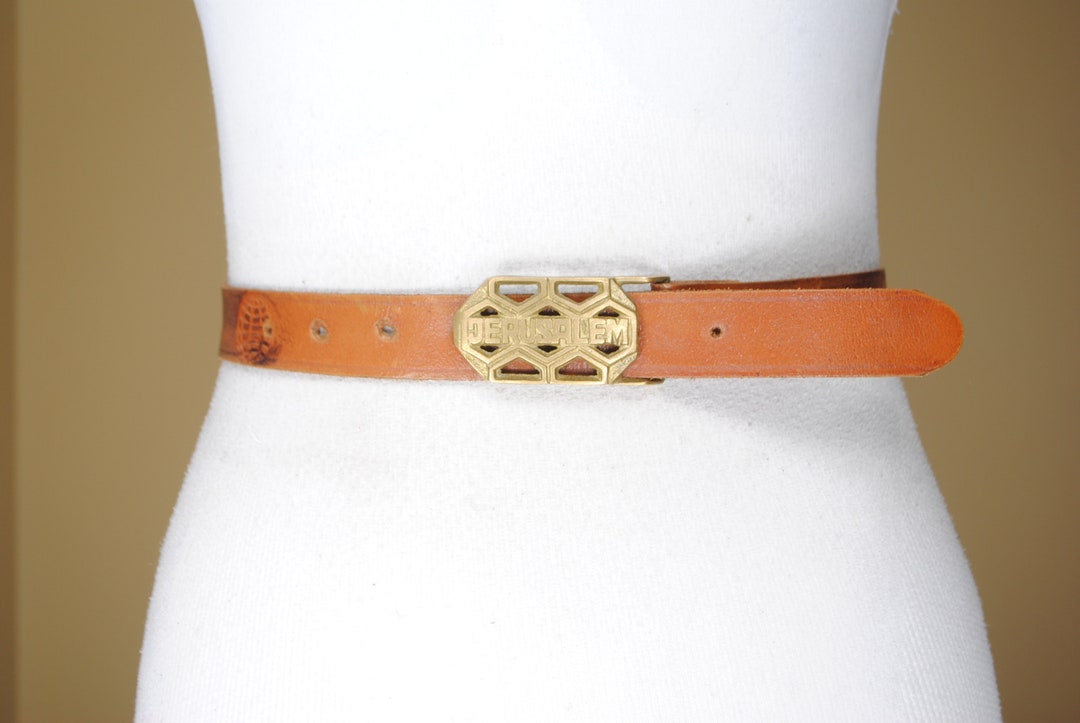 Jerusalem Pilgrim Belt, Tan Brown Embossed Leather Belt, Carved Brass ...