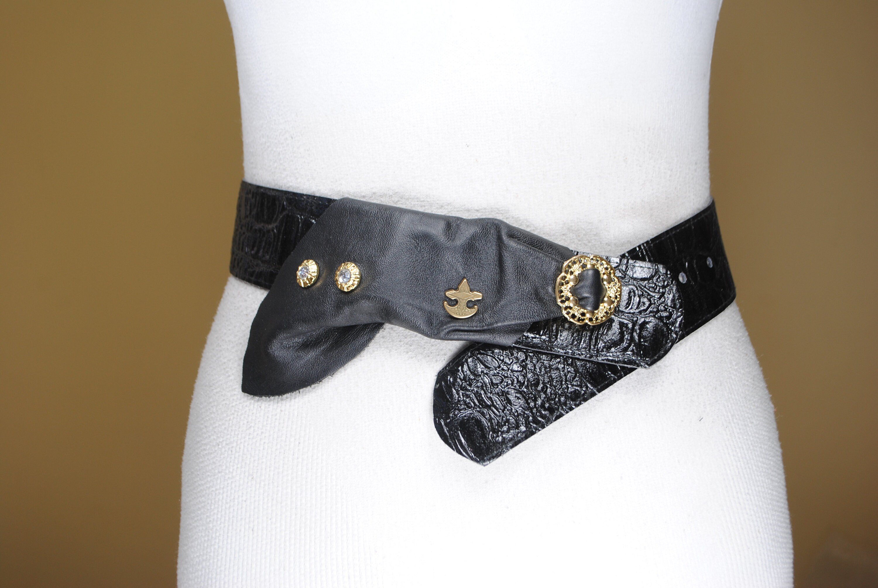 Wide Black V Shaped Croc Leather Belt for Women with Gold | Etsy