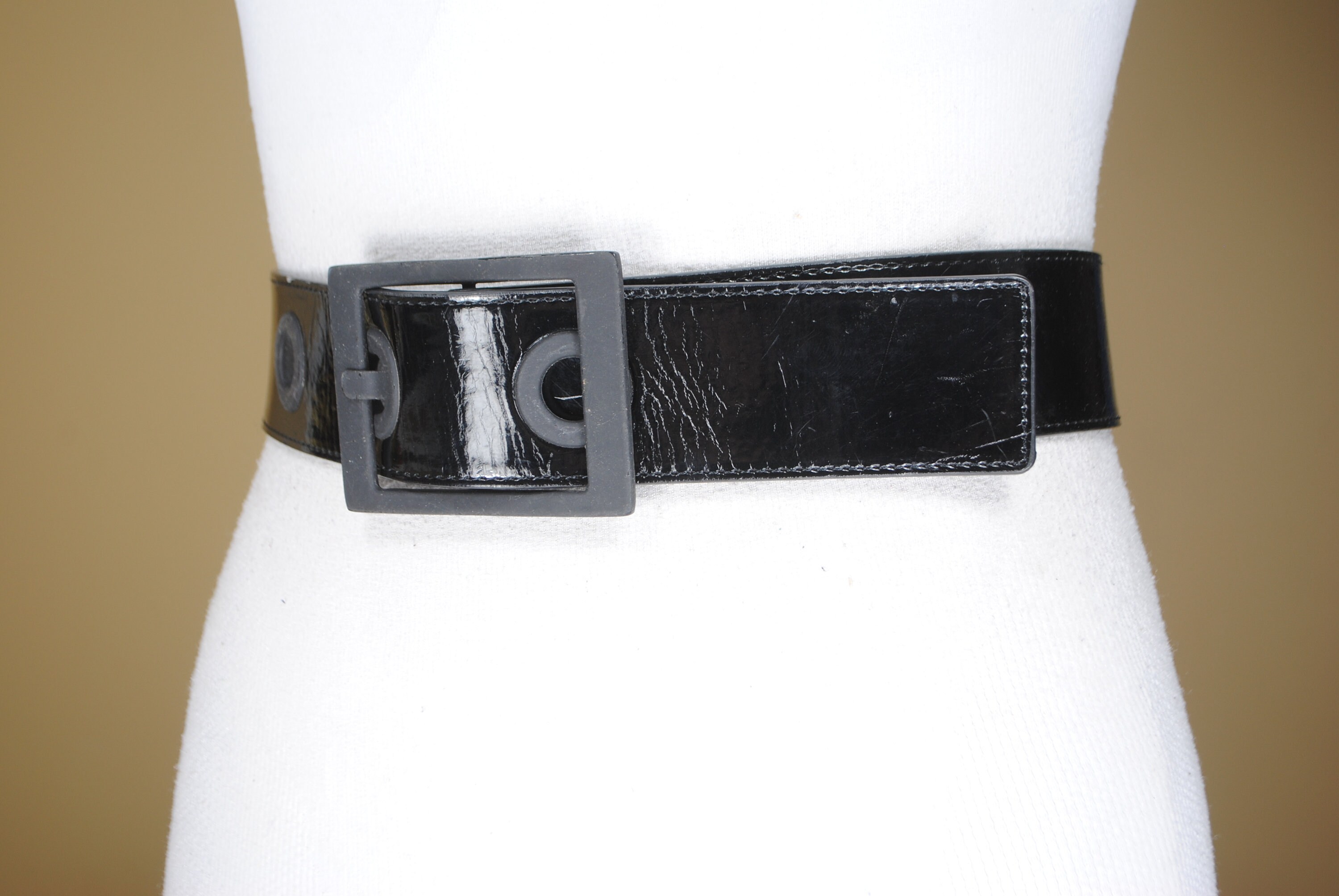 Black patent belt rectangular buckle Riveted belt 90s | Etsy