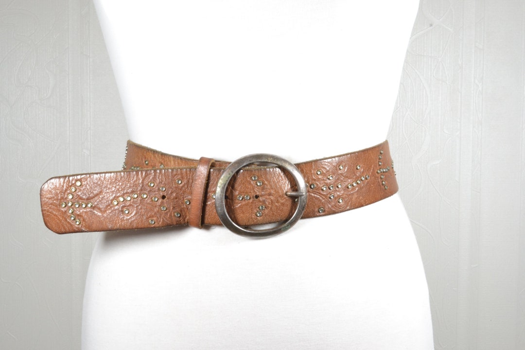 Tan Brown Belt for Women With Steel Buckle. Studded Belt, Star Studs ...