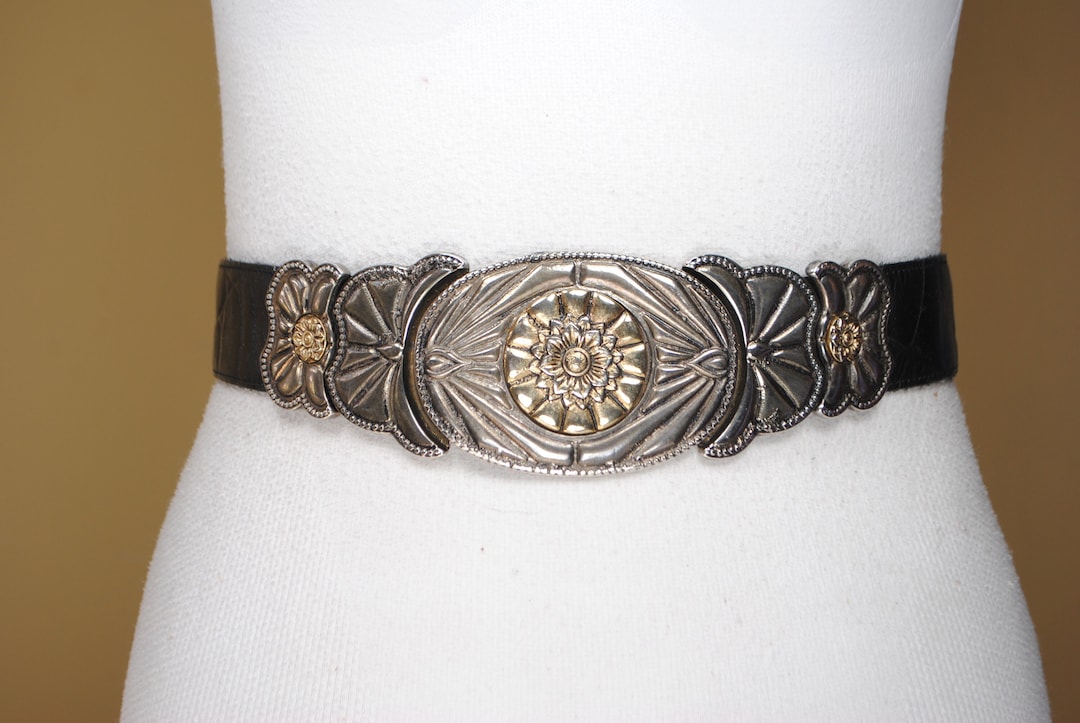 Black Corset Belt, Belt With Big Floral Carved Buckle, Larp Belt ...