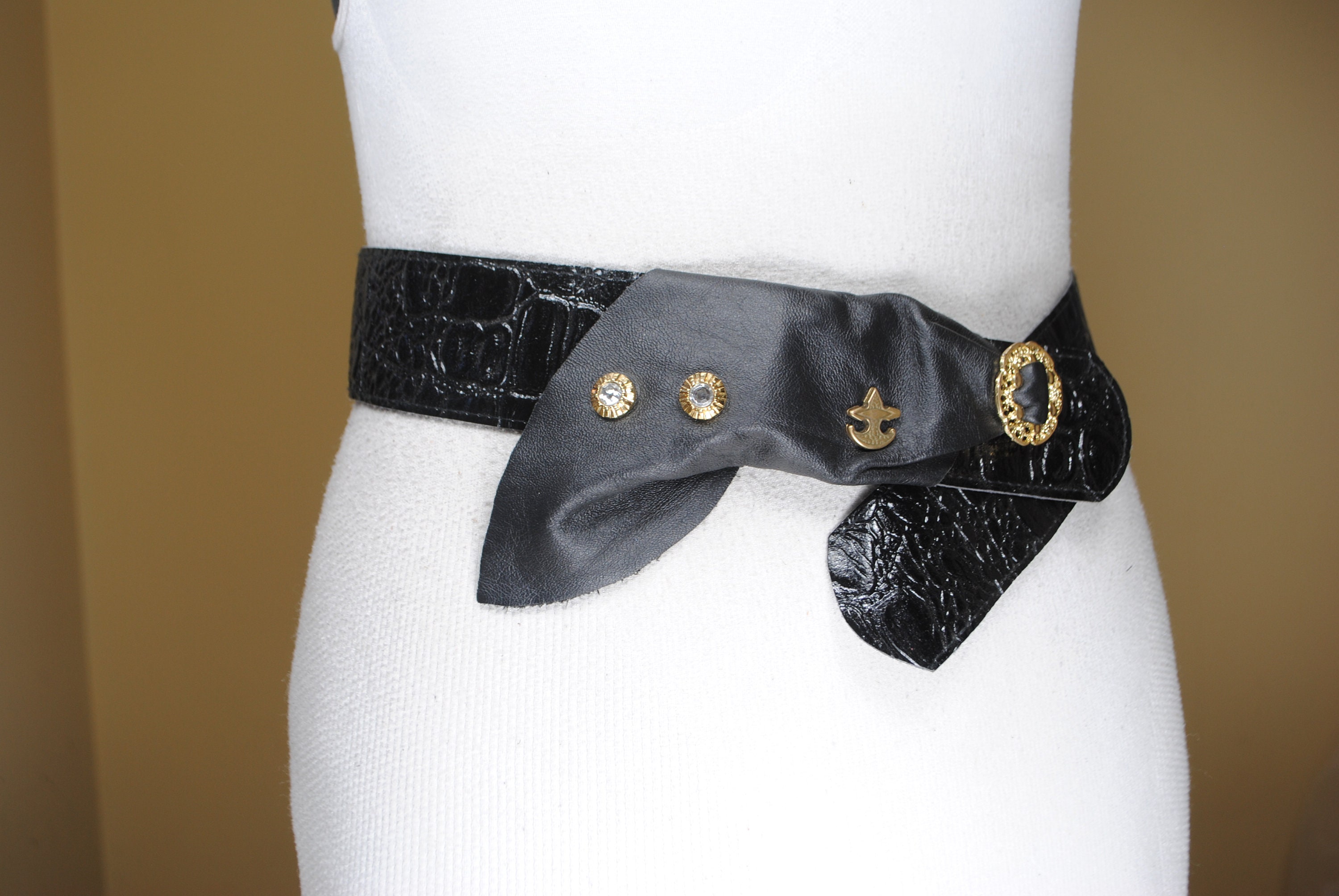 Wide Black V Shaped Croc Leather Belt for Women with Gold | Etsy