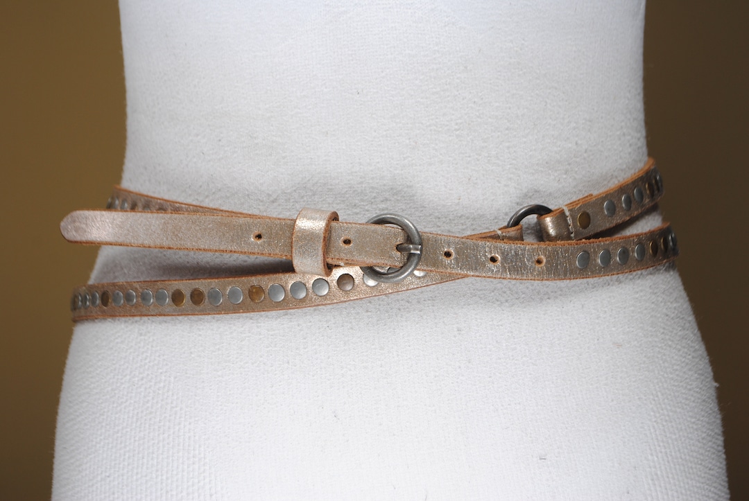 Gold Studded Belt, Gold Metallic Riveted Double Wrap Leather Belt for ...