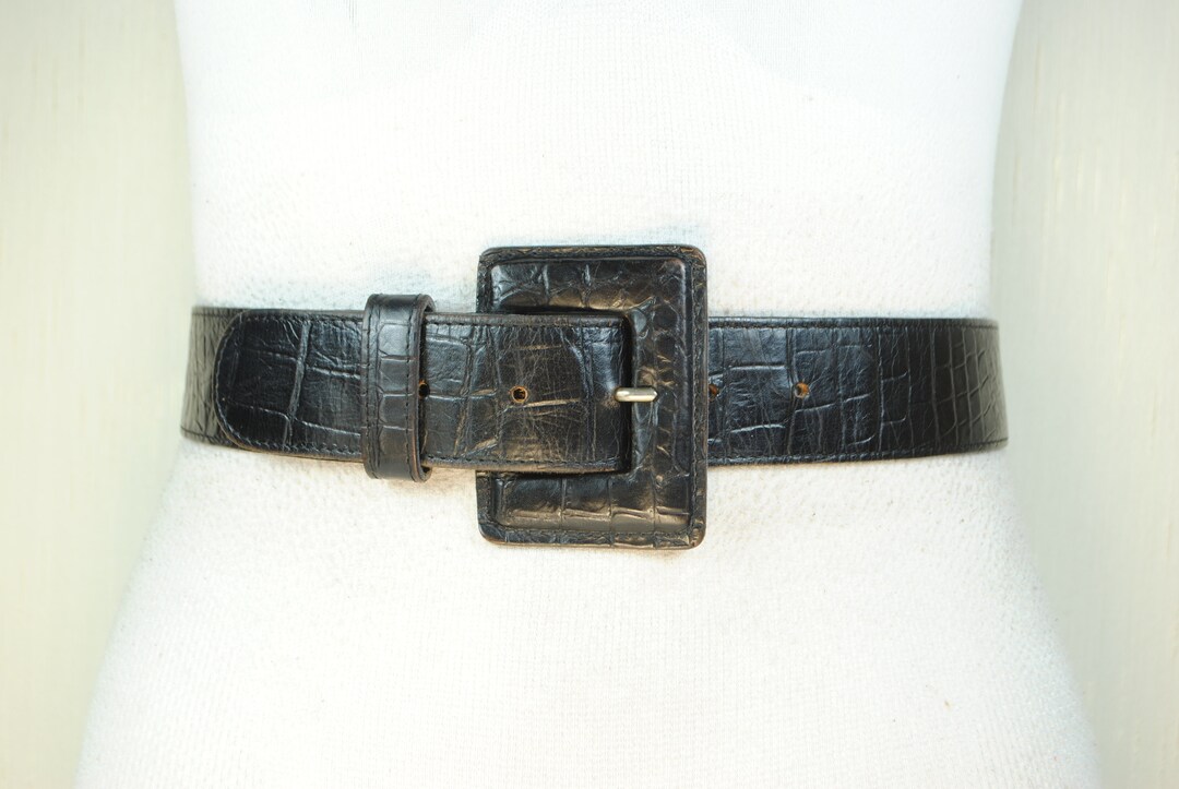 Black Cinch Belt With Square Buckle, Black Croco Leather Belt ...