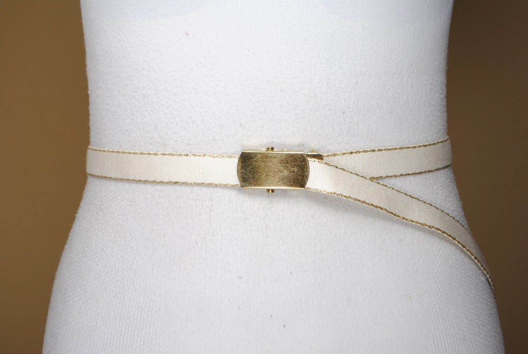 Skinny White Fabric Waist Belt With Gold Decorative Stitching, Elegant ...