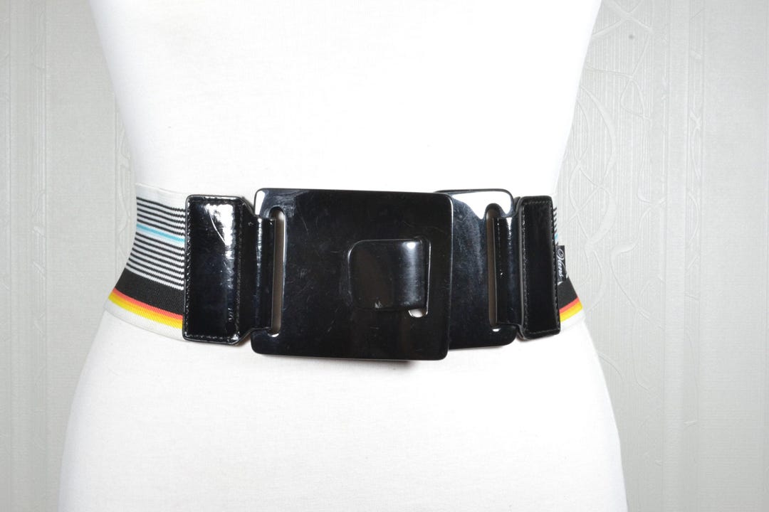 70s Striped Stretchy Belt: Retro Black Plastic Buckle Waist Belt - Etsy