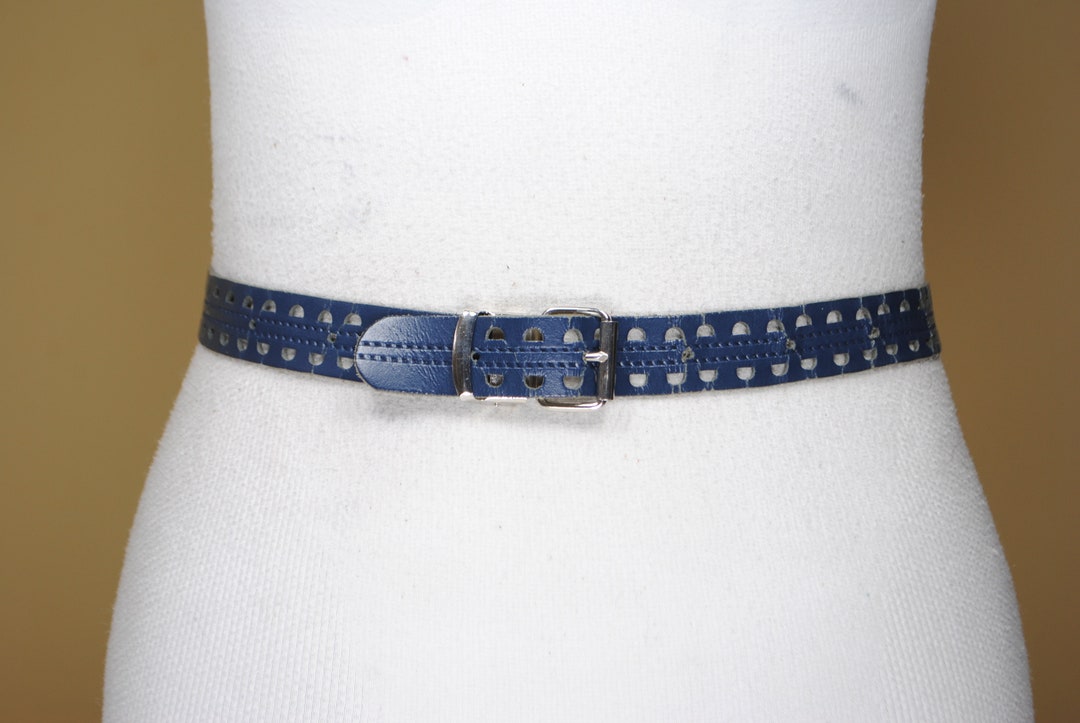 Navy Blue Leather Belt for Women With Silver Buckle, Laser Cut ...