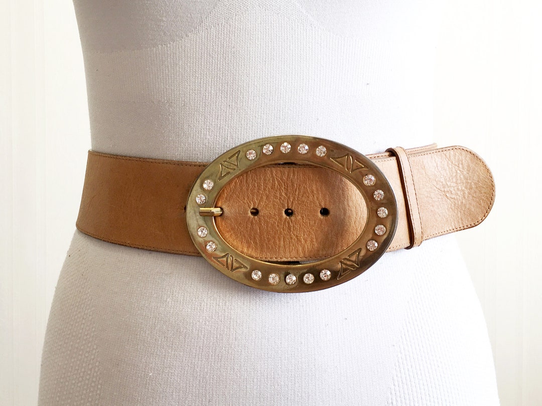 1980s Brown Tan Leather Belt for Women With Oval Rhinestone Buckle - Etsy