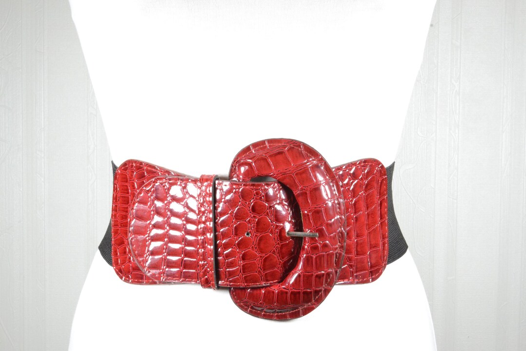 Vintage-inspired Wide Red Crocodile Embossed Belt With Oversized Buckle ...