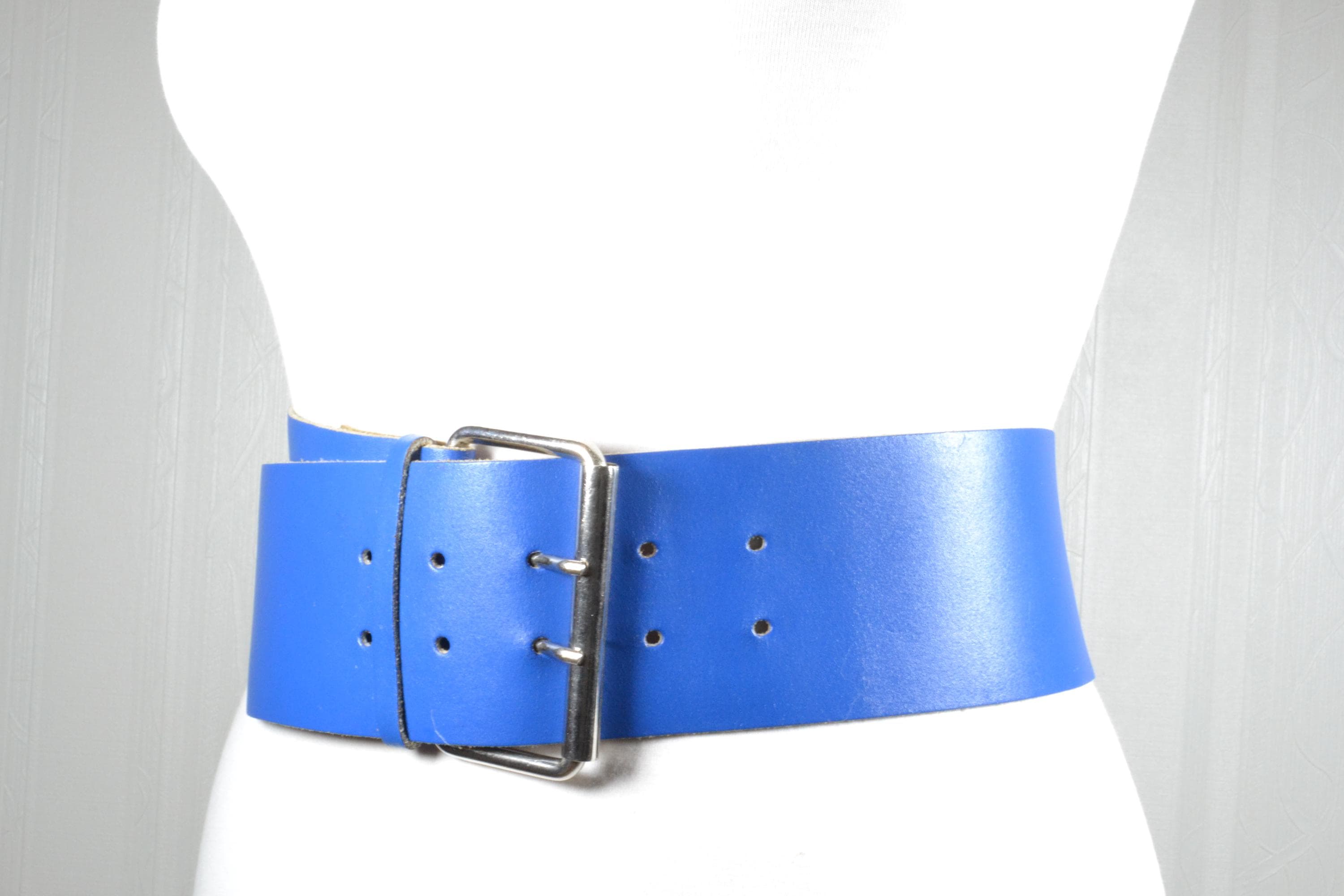 Wide Blue Leather Waist Belt: Shiny Black Buckle, Adjustable - Etsy