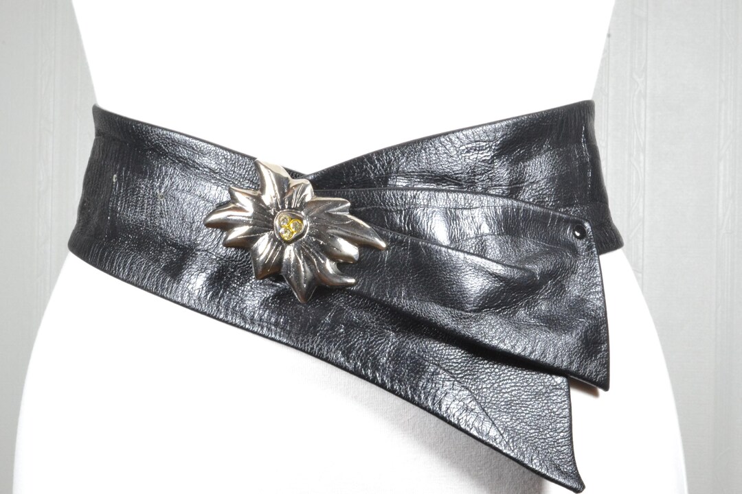 Black Leather Wrap Belt With Floral Buckle, Wide Asymmetrical Waist ...