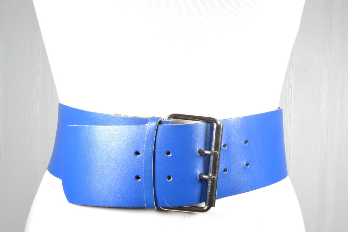 Wide Blue Leather Waist Belt: Shiny Black Buckle, Adjustable - Etsy