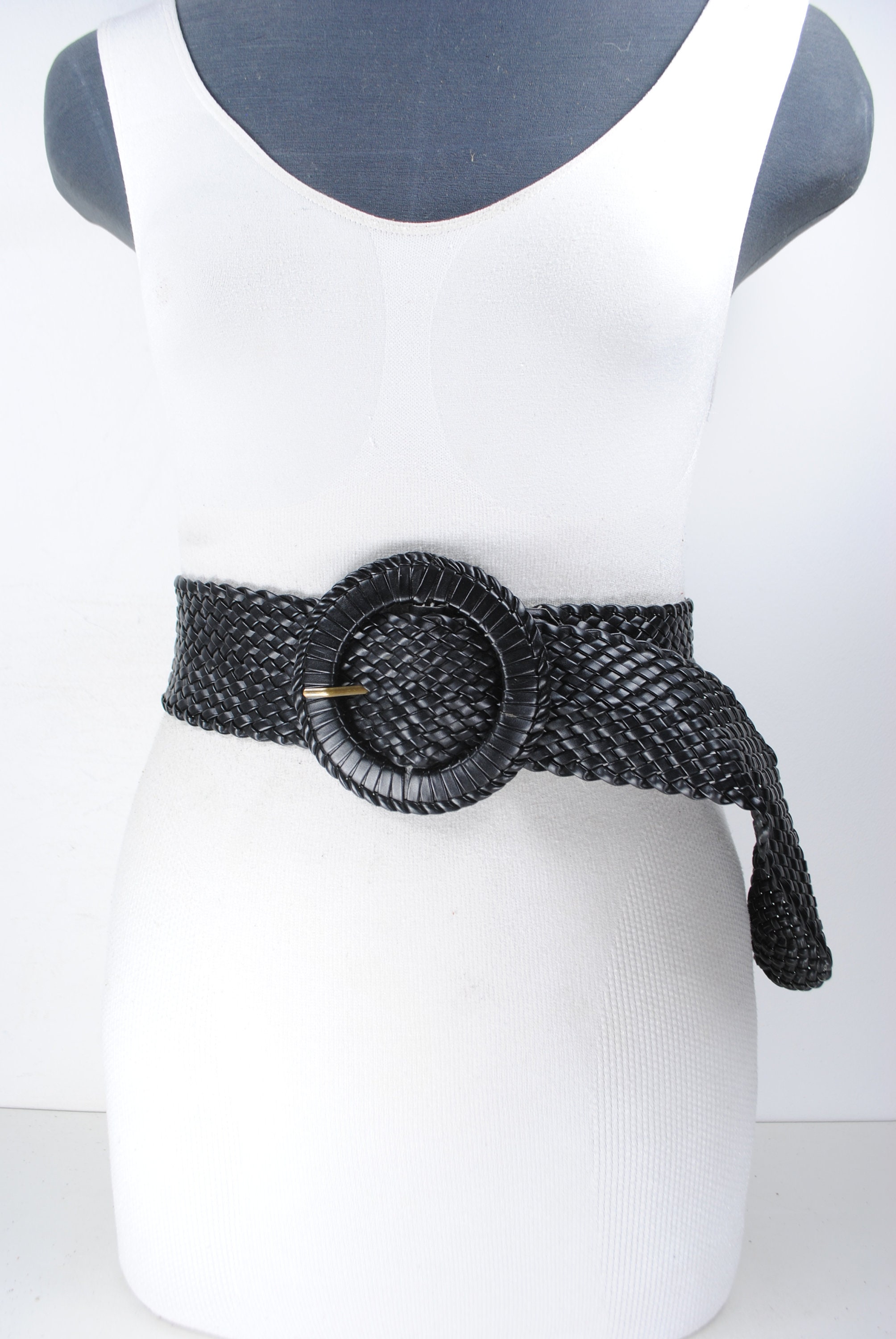 1980s black wide woven belt for women with round buckle | Etsy