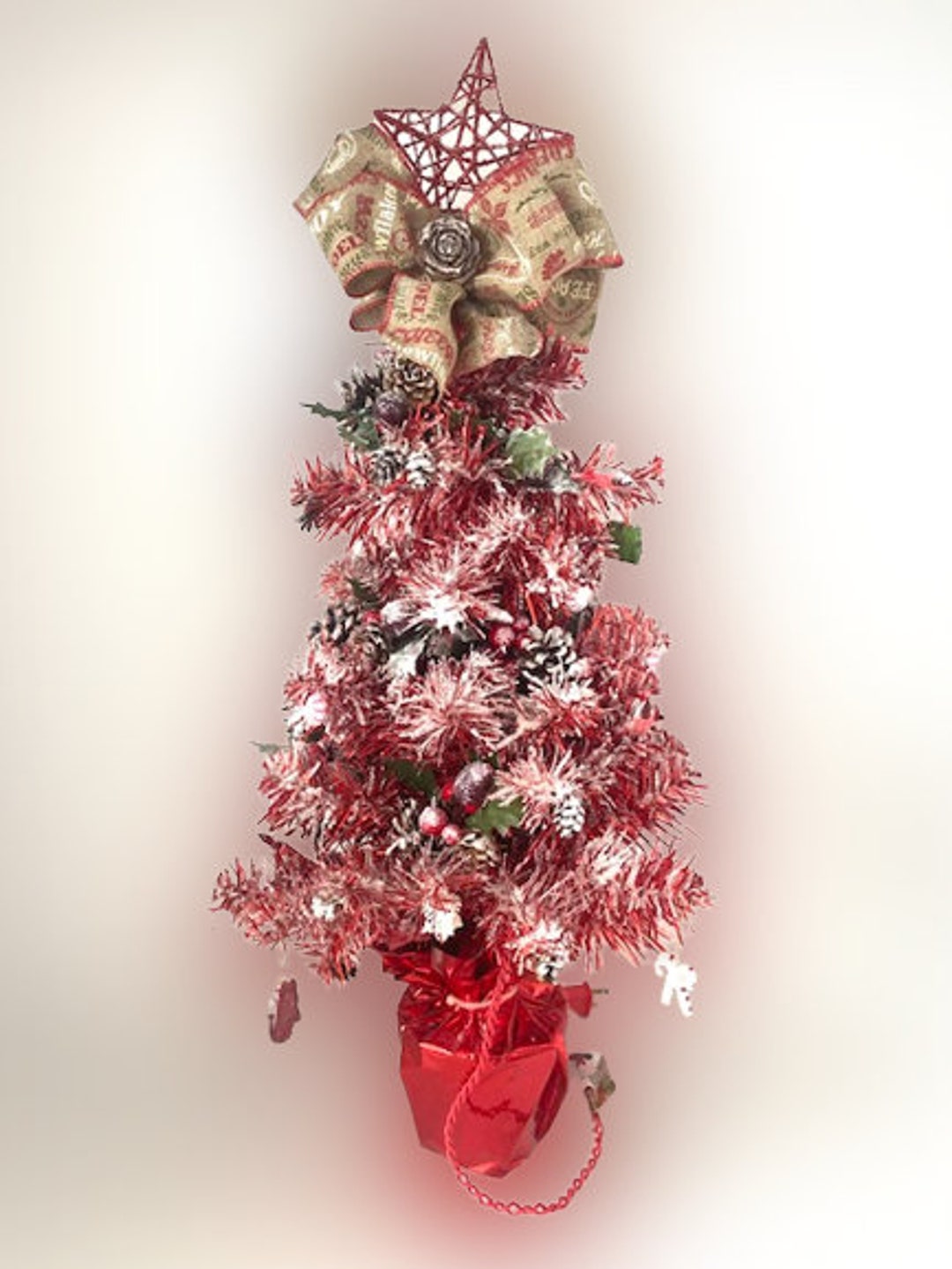 Table Top Tree, Table Top Red Metallic Tree With Red Lights, Holiday ...