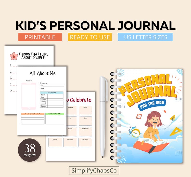 Printable Kids Personal Journal, Printable Kids Daily Journal, DIY ...