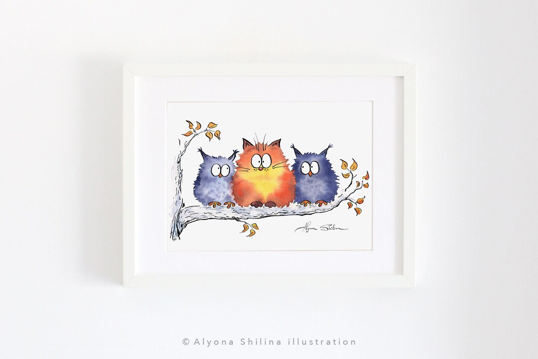 Cute Red Cat Filimon and Two Funny Owls PRINT for Decorate Kids Room ...