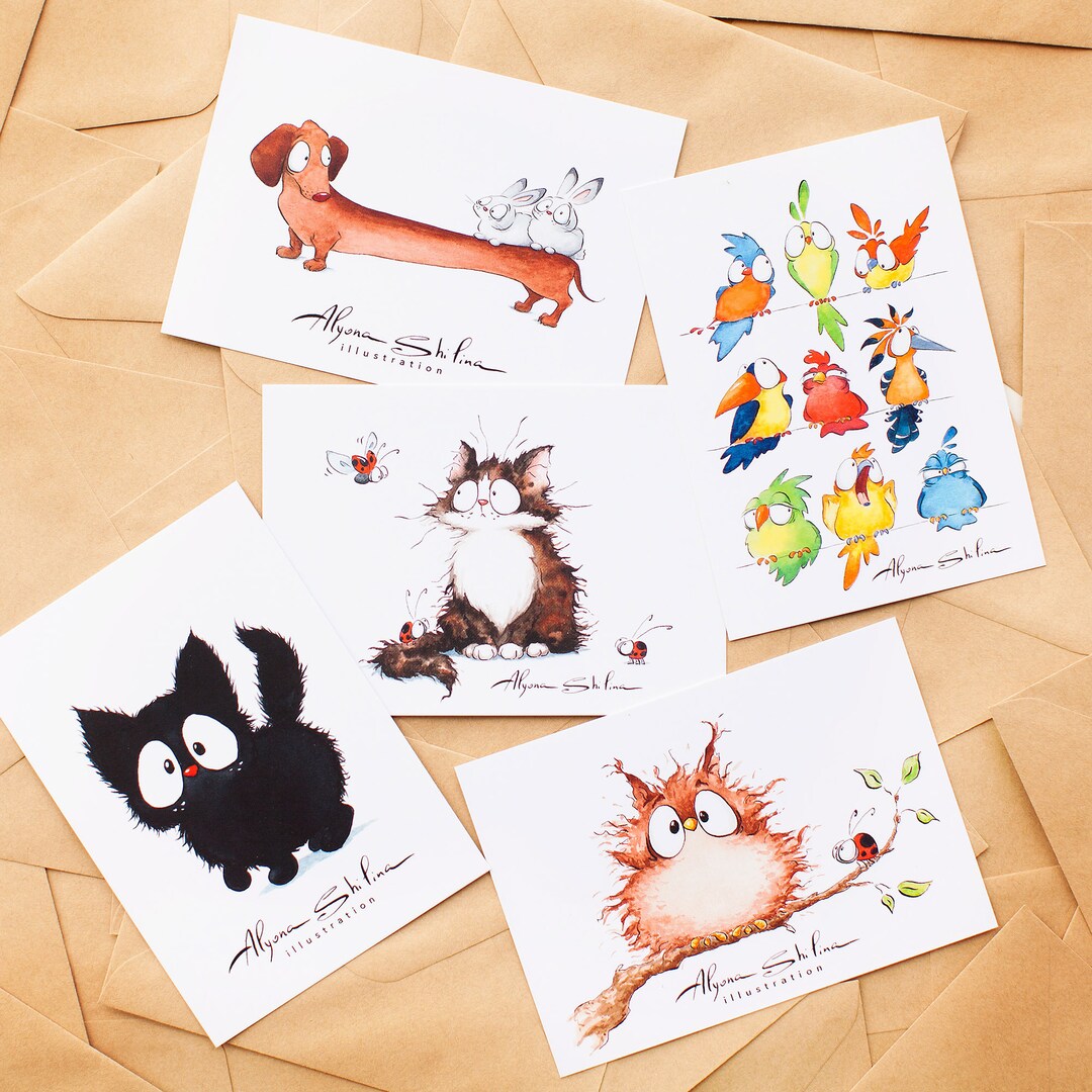 Postcard Set of 5, Cute Animal Watercolor Postcards, Postcrossing - Etsy