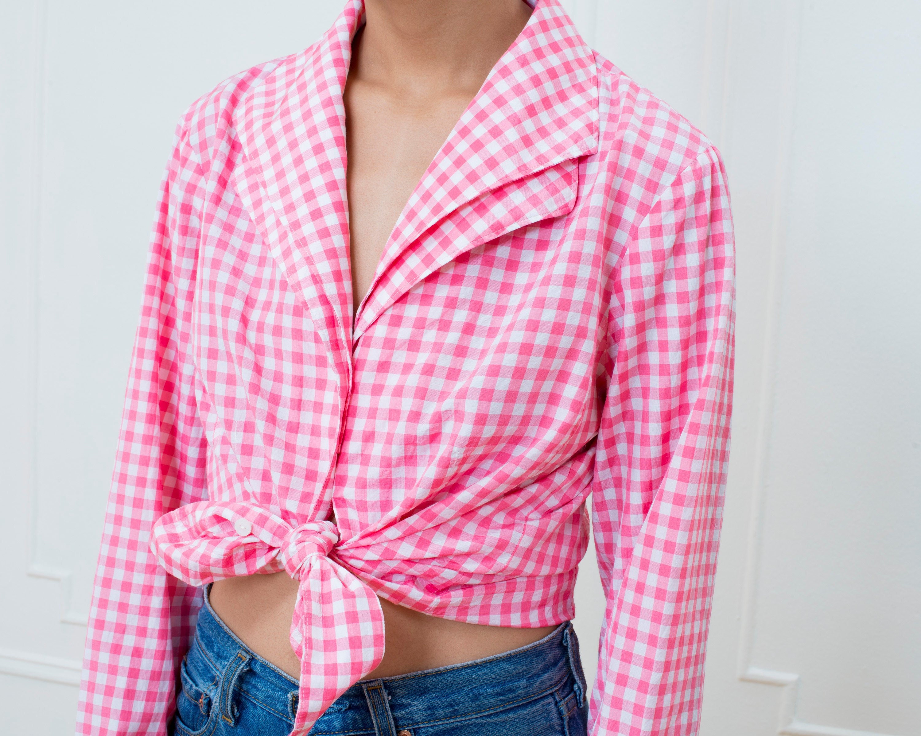 80s Pink Gingham Silk Blouse Large Pink Check Print Button Down Shirt ...