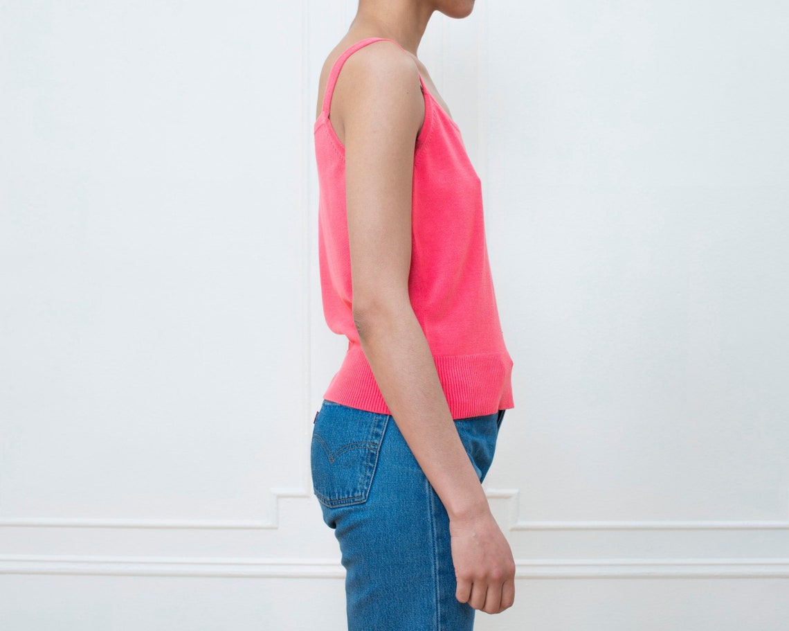 80s Hot Pink Silk Knit Tank Top Medium Pink Knit Strappy Tank Top ...