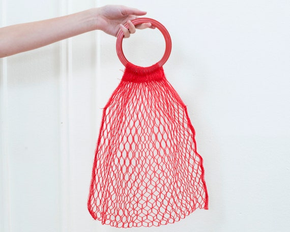 70s Red Plastic Net Bag Circle Handle Mesh Cherry Red Market | Etsy