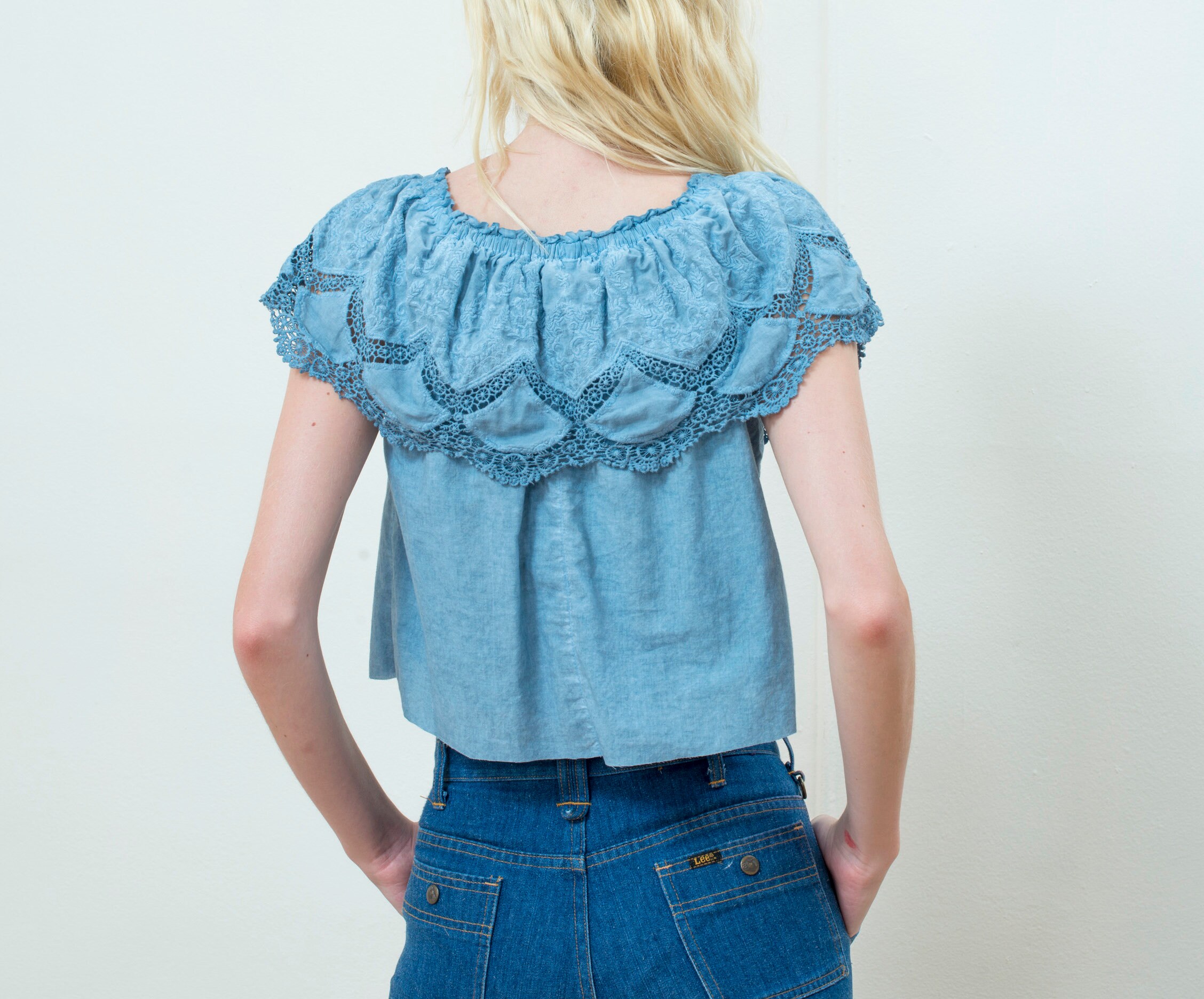 80s Blue Lace Ruffle Collar Crop Top Bohemian Blouse Hippie Shirt Boho ...