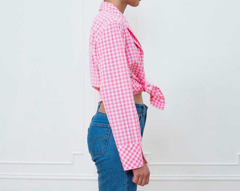 80s Pink Gingham Silk Blouse Large Pink Check Print Button Down Shirt ...
