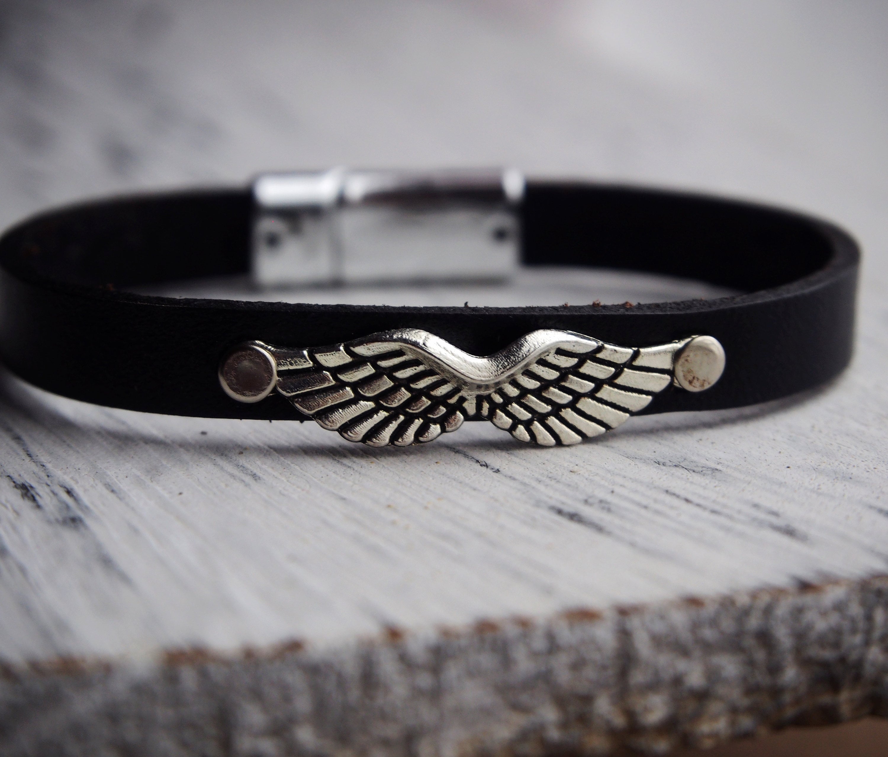 Black Leather Angel Wings Bracelets, Men Leather Bracelet, Women ...