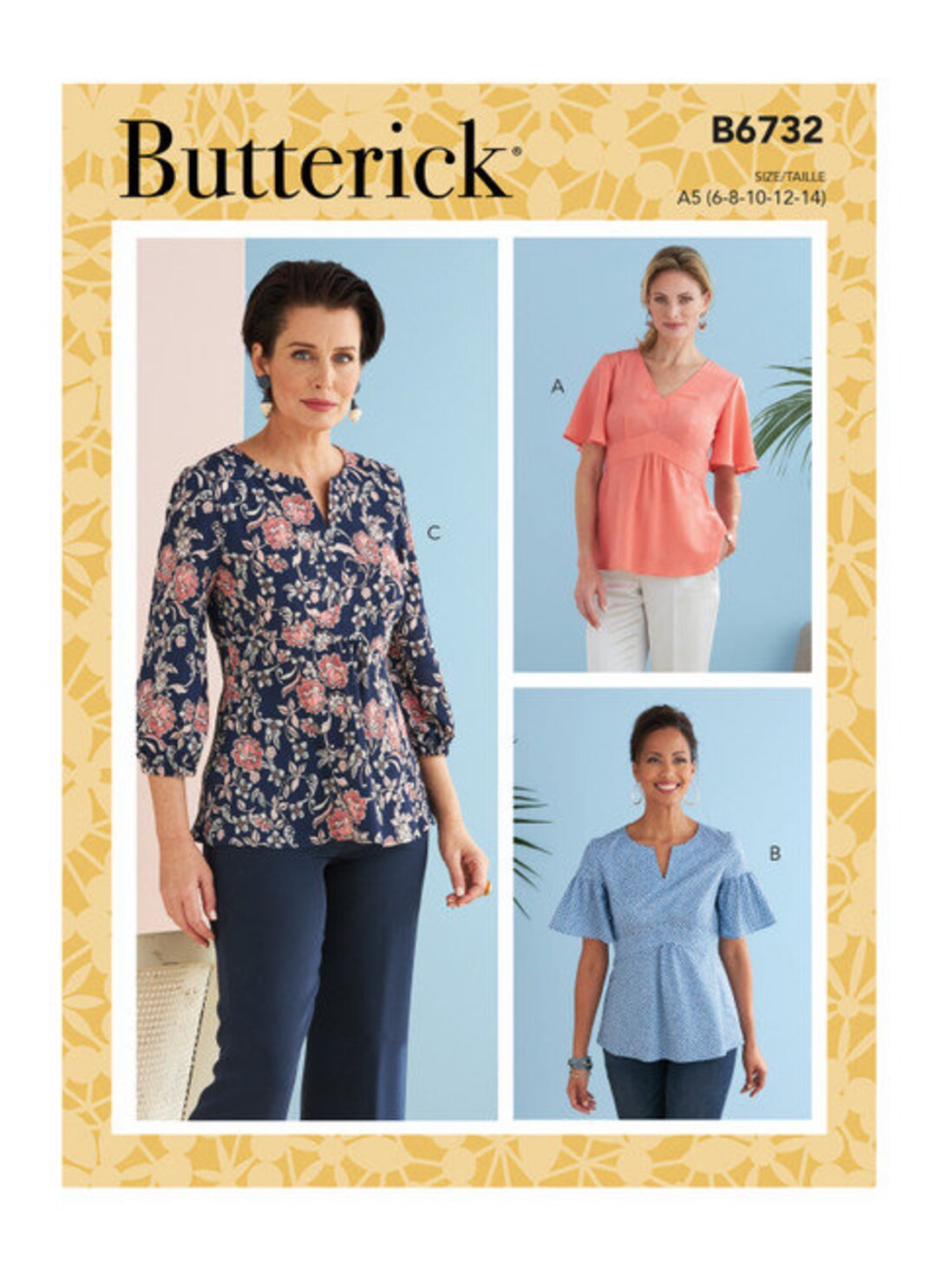 Butterick B6732 Sewing Pattern for Misses Easy to Sew Empire Waist Blouse, Top With V or Slit ...
