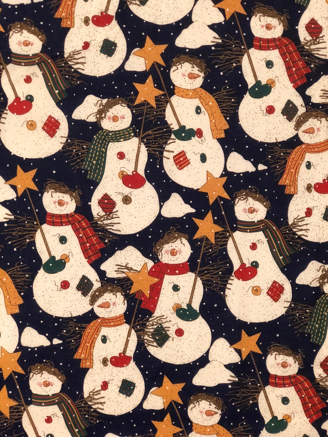 Fabric,vintage, Sweet Country Style Snowmen, Navy & Cream Print ...