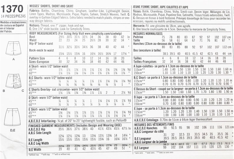 Simplicity 1370 Misses and Plus Size Shorts Skort and Skirt - Etsy