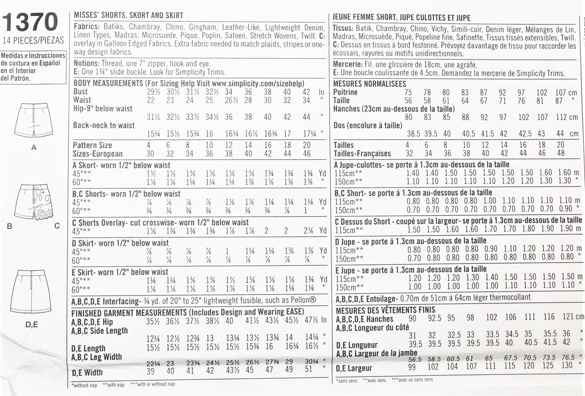 Simplicity 1370 Misses and Plus Size Shorts Skort and Skirt - Etsy