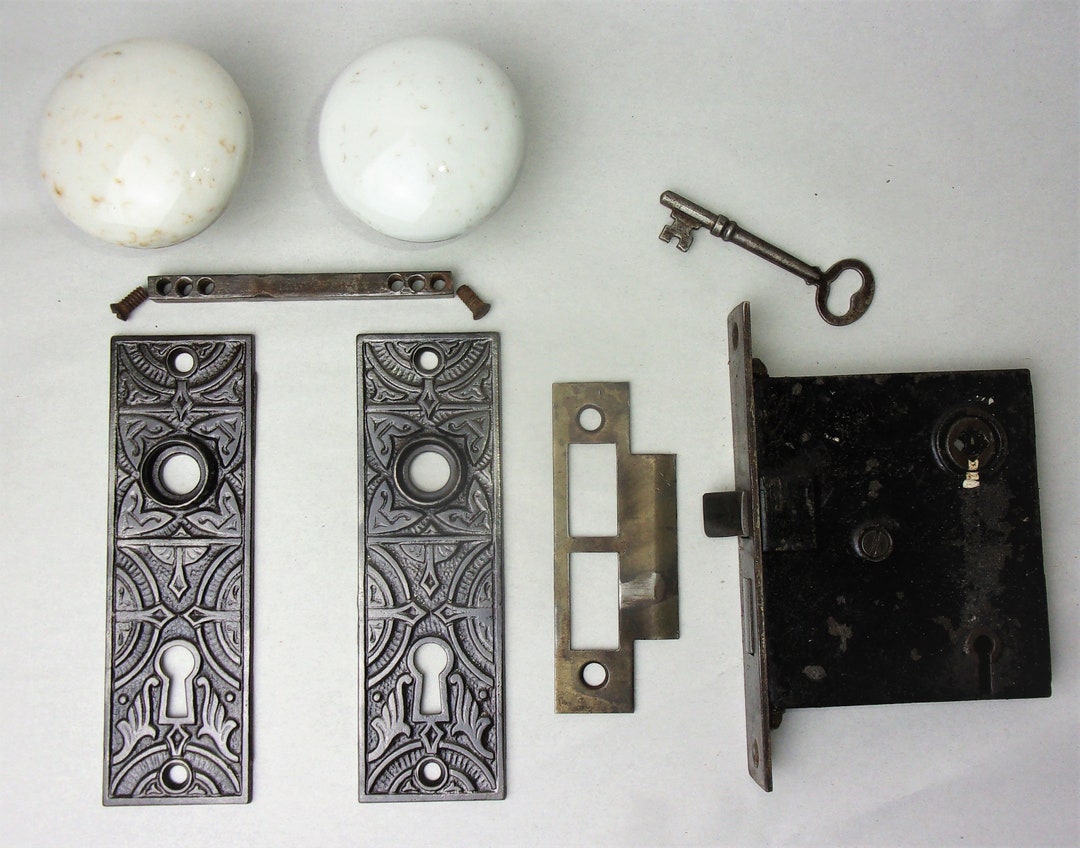 Antique Set EASTLAKE Backplates White Porcelain Door Knobs Mortise Lock ...
